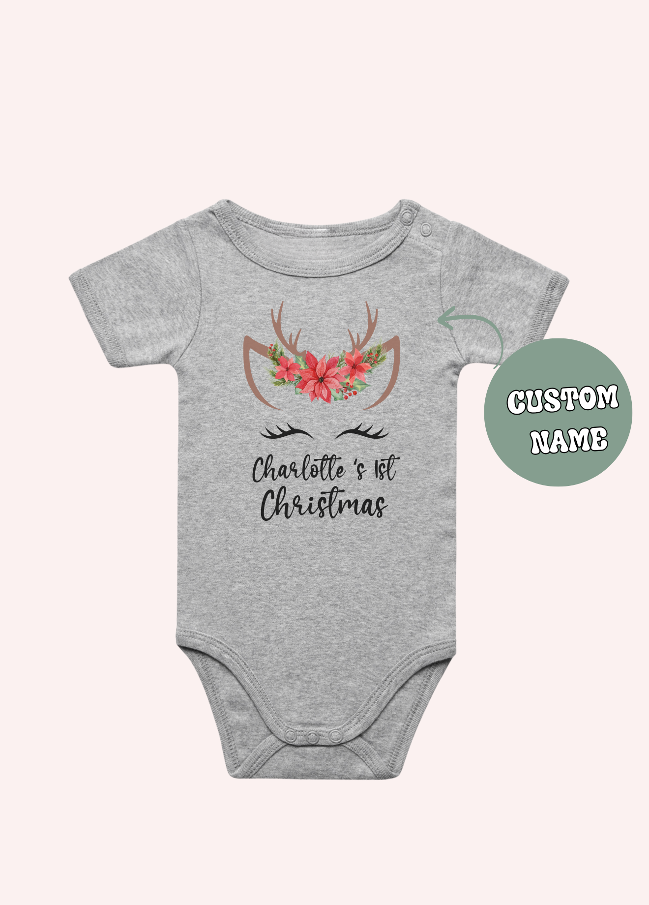 First Christmas Reindeer Poinsettia Flower Custom Name One Piece - per ...